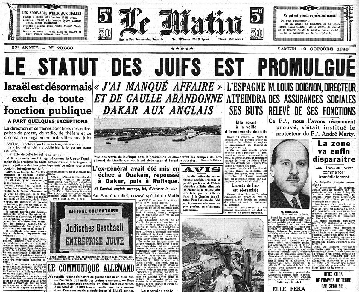 3 Octobre 1940 Le R gime De Vichy Promulgue Le Premier statut Des 3 Octobre 1940 Le R gime De Vichy Promulgue Le Premier statut Des